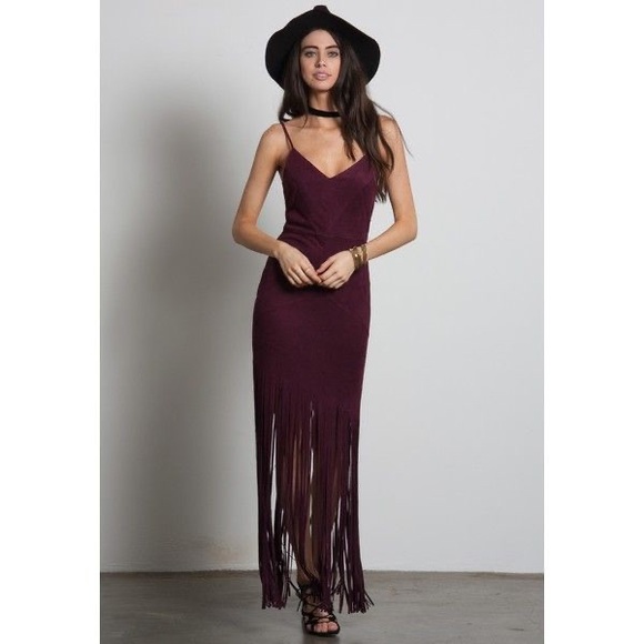 Sans Souci | Dresses | Sans Souci Burgundy Suede Fringe Maxi Dress S ...